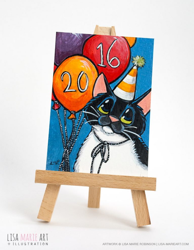 A New Year Cat ACEO art card for 2016 » Lisa Marie Art & Illustration
